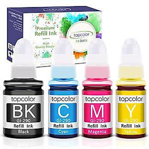 Topcolor Compatible Dye Ink Refill Replacement for Canon GI-290 GI290 Ink Bottles Kit Work for Canon PIXMA G4200 G4210 G3200 G2200 G1200 Printer (1 Black Ink 135mL, C/M/Y Ink 70mL, 4-Pack)