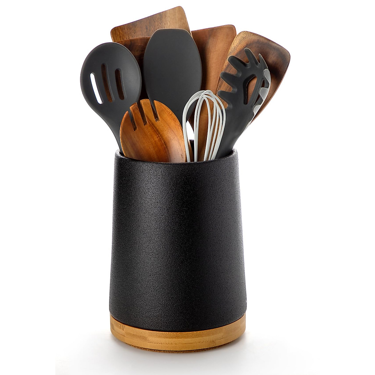 Nucookery 360° Rotating Utensils Holder, 8.2" Extra High Large Ceramic Kitchen Utensil Holder with Countertop-Protection Cork Bottom, Farmhouse Kitchen Decor for Counter (Stone Black)
