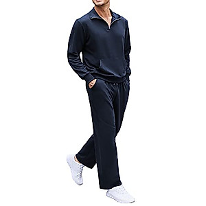 COOFANDY Men 2 Piece Workout Sweat Suit Casual Long Sleeve Gym Active Tracksuit Navy Blue