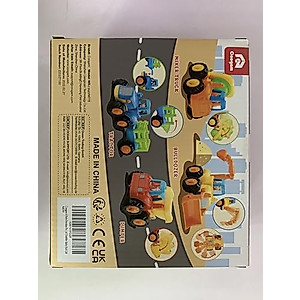 Coogam 4 Pack Friction Powered Cars Construction Vehicles Toy Set Cartoon Push and Go Car Tractor, Bulldozer, Cement Mixer Truck, Dumper for Year Old Boy Girl Kid Gift