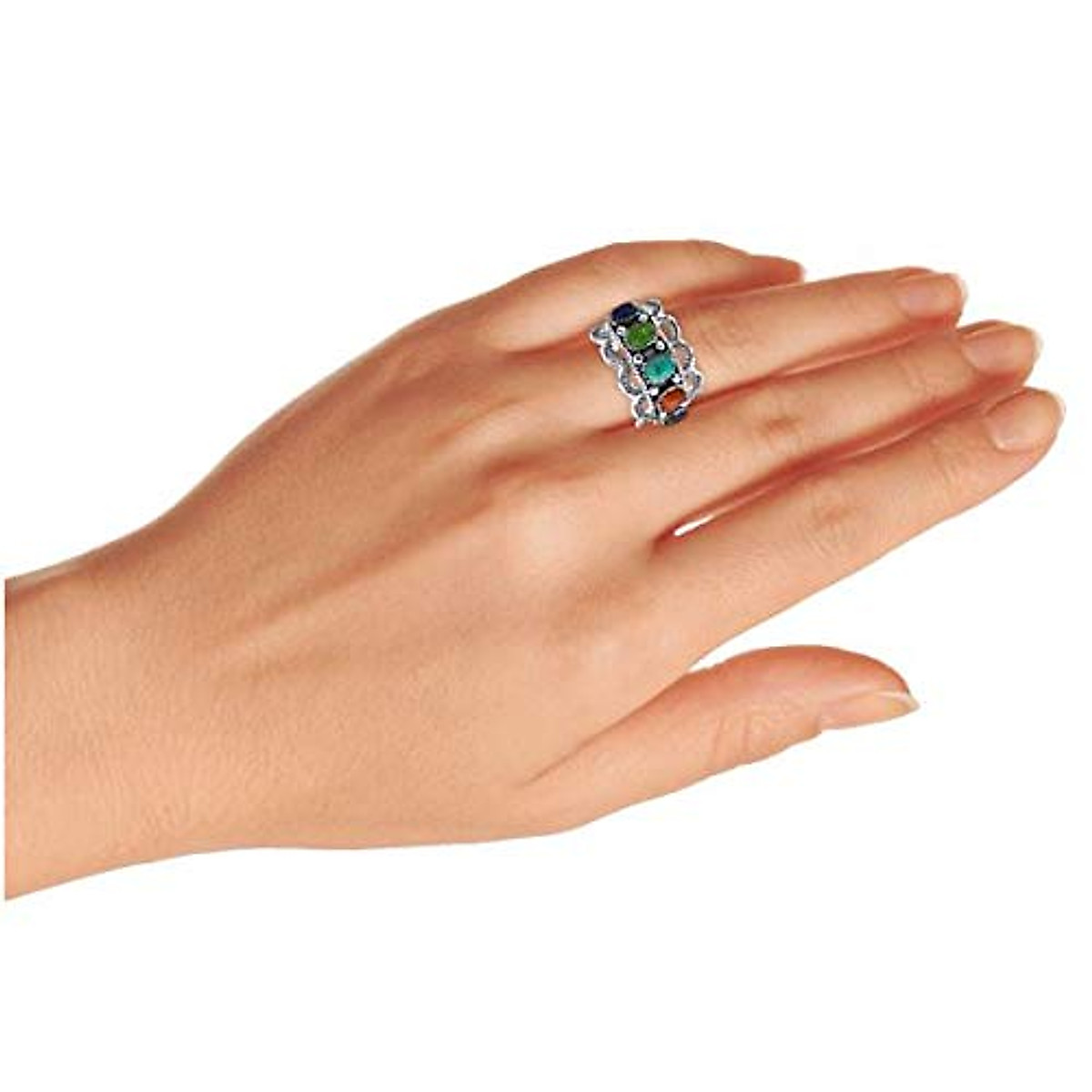 Personalize Southwest Boho Western Style 5 Rectangle Multi Color Genuine Gemstones Bezel Set Purple Blue Green Orange Statement Wide Band Ring For Women Oxidized .925 Sterling Silver Customizable