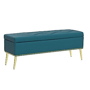 MOJAY Modern Velvet Storage Ottoman Bench, Upholstered Footrest with Rivet Decoration Table Dining Stool with Golden Legs for Entryway Dining Room Living Room Bedroom (Dark Green)