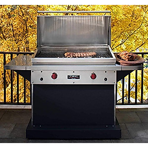 TEC Patio 2 FR Infrared Grill On Stainless Steel Pedestal with Two Side Shelves and Half Warming Rack (PFR2LPCABS-PFR2WR19), Propane Gas