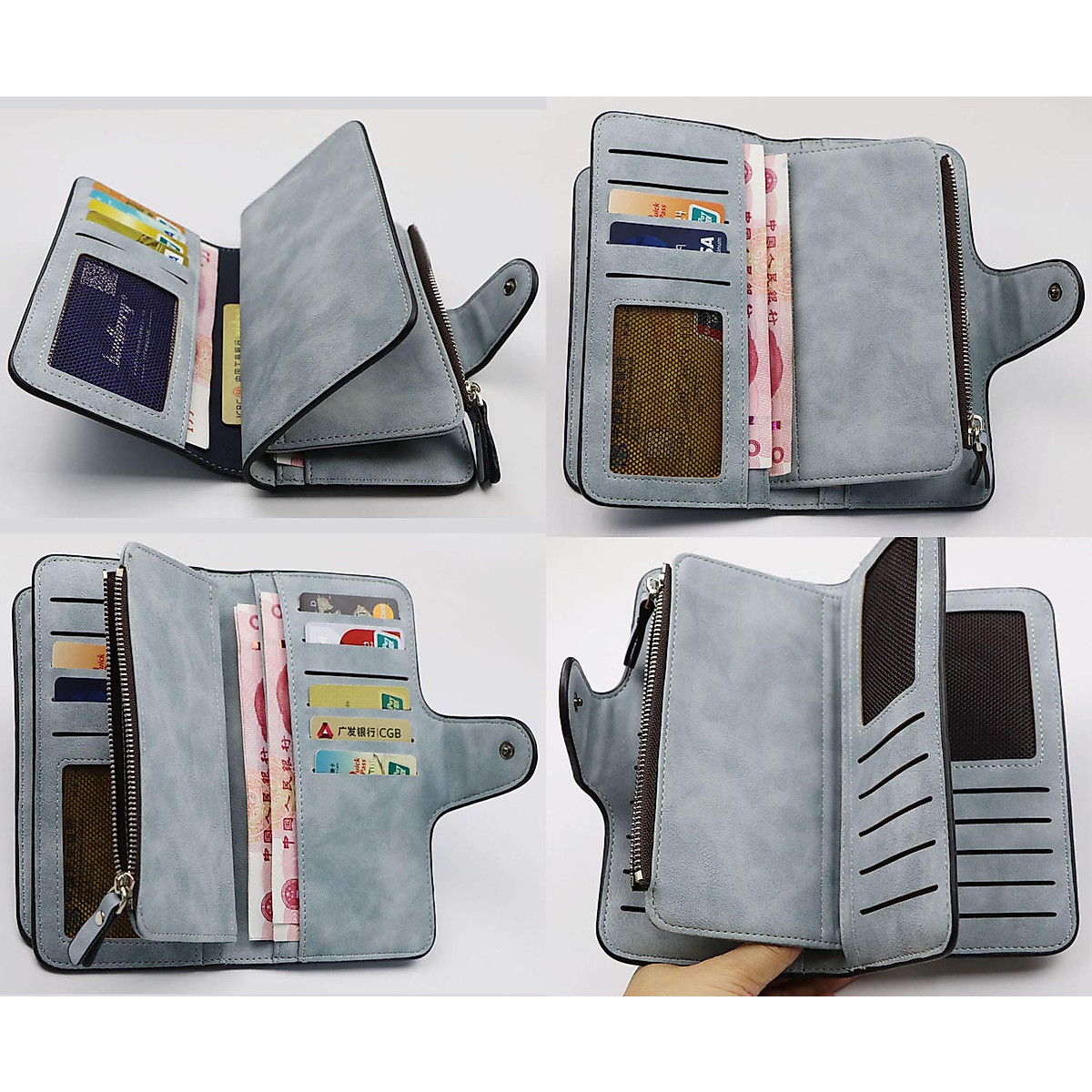 Women's Long Leather Wallet RFID Blocking Cash ID Credit Card Holder for Women Ladies Soft Clutch Wallet with Zipper Coin Pocket Fashion Purse (Light Blue)