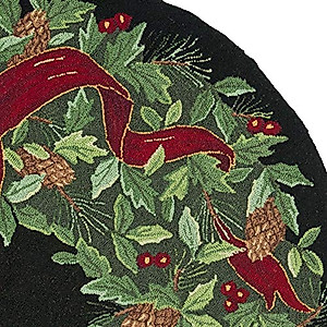 SAFAVIEH Vintage Poster Collection Area Rug - 6' Round, Black & Green, Handmade Christmas Wreath Novelty Wool, Ideal for High Traffic Areas in Living Room, Bedroom (VP323A)