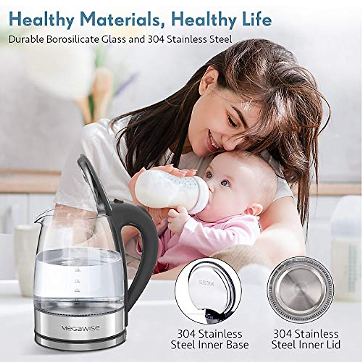 MegaWise 1500W Electric Kettle, 1.8L Borosilicate Glass Tea Kettle with LED Light, Auto Shut-Off and Boil-Dry Protection Cordless Kettle Fast Boiling, BPA Free