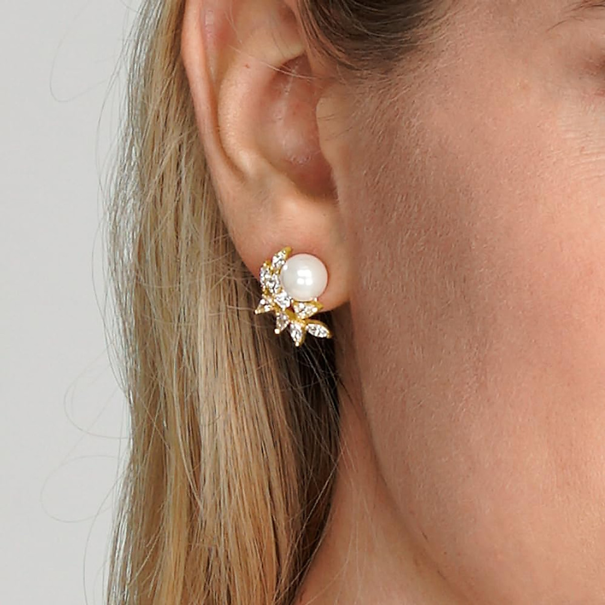 Mariell Soft Ivory Pearl & Gold Marquis Cluster Cubic Zirconia Crystal Wedding Earrings for Bride, Bridesmaids & Mother of the Bride