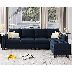 Belffin Velvet Reversible Sectional Sofa with Chaise Convertible L Shaped 4-seat Sectional Couch with Storage Ottoman Blue