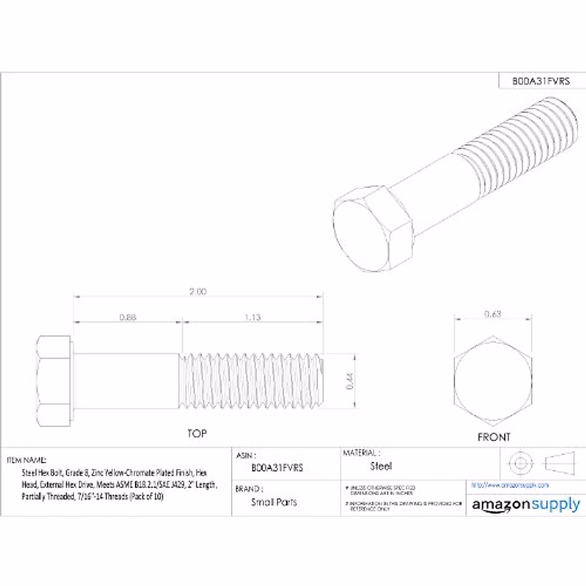 Steel Hex Bolt, Grade 8, Zinc Yellow-Chromate Plated Finish, Hex Head, External Hex Drive, Meets ASME B18.2.1/SAE J429, 2" Length, Partially Threaded, 7/16"-14 Threads (Pack of 10)