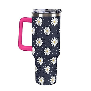 White Daisies Circles 40 Oz Tumbler Insulated Stainless Steel Water Bottle Travel Mug Car Cup with Handle And Straw