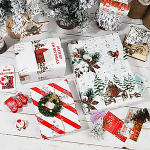 Vnaaem White Christmas Wrapping Paper Red Stripe Snowy Scene House Holiday Style Gift Wrap Paper Bulk for Winter Xmas Birthday Party - 20 X 28 Inches 8 Folded Sheets