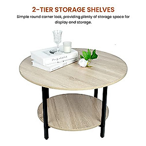 TOYSINTHEBOX Round Coffee Tables, Accent Table Sofa Table Tea Table with Storage 2-Tier for Living Room, Office Desk, Balcony, Wood Desktop and Metal Legs, White Oak 27.6 Inches