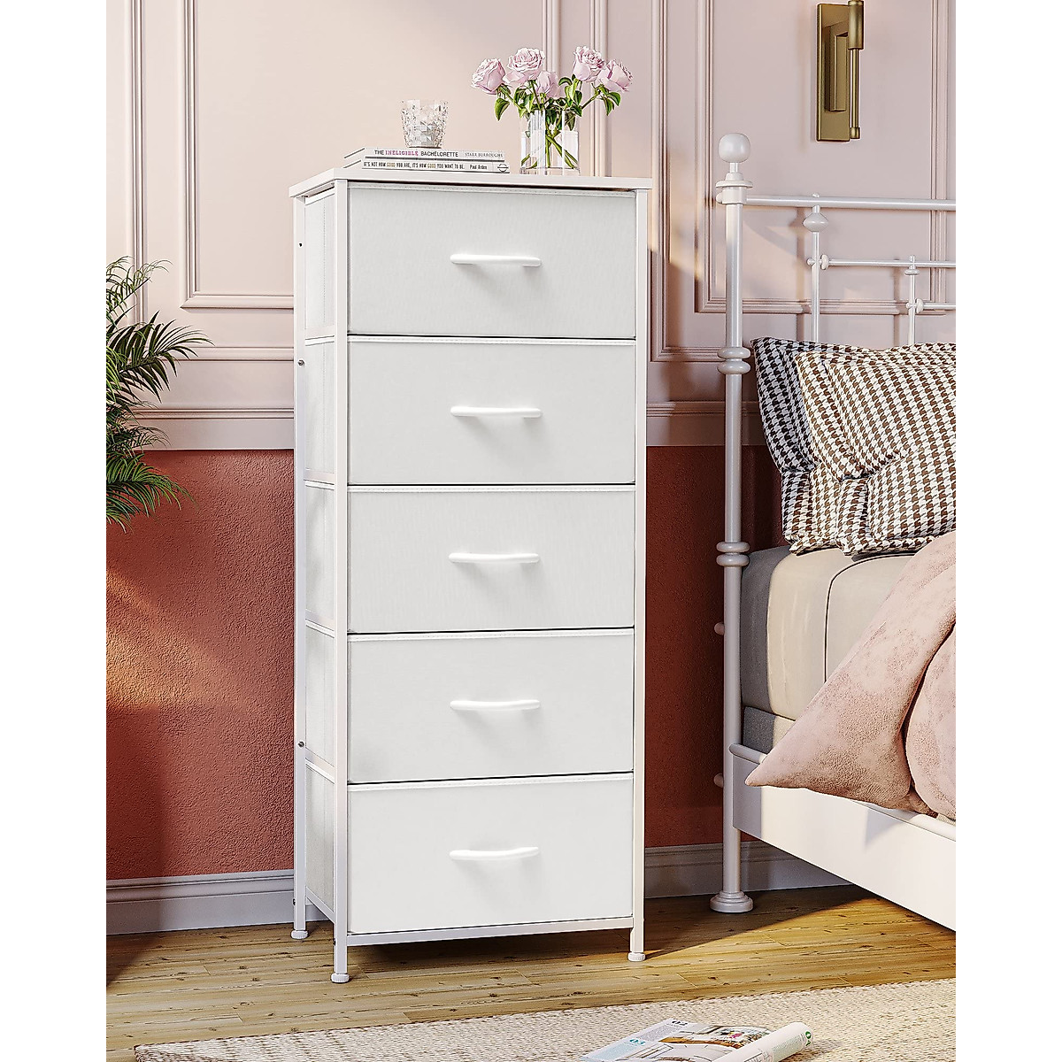Crestlive Products Tall Dresser Vertical Storage Tower - Sturdy Steel Frame, Wood Top, Easy Pull Fabric Bins - Organizer Unit for Bedroom, Hallway, Entryway, Closets - 5 Drawers(White)