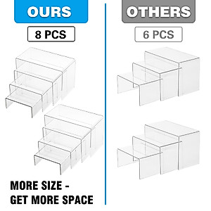 8 Pcs Acrylic Risers for Display, Square Clear Product Stand Shelf, Cupcake Candy Bar Stand for Dessert Table Decor, Desktop Showcase Collectibles Display Risers for Amiibo Funko POP Figures