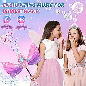 Britik Bubble Wands for Kids Girls - LED Light & Music Bubble Machine: 3 AA Batteries & 2 Bubble Solutions, Outdoor Party Birthday Toys for Toddlers, Gift for 3 4 5 6 7 8 Year Old Girls