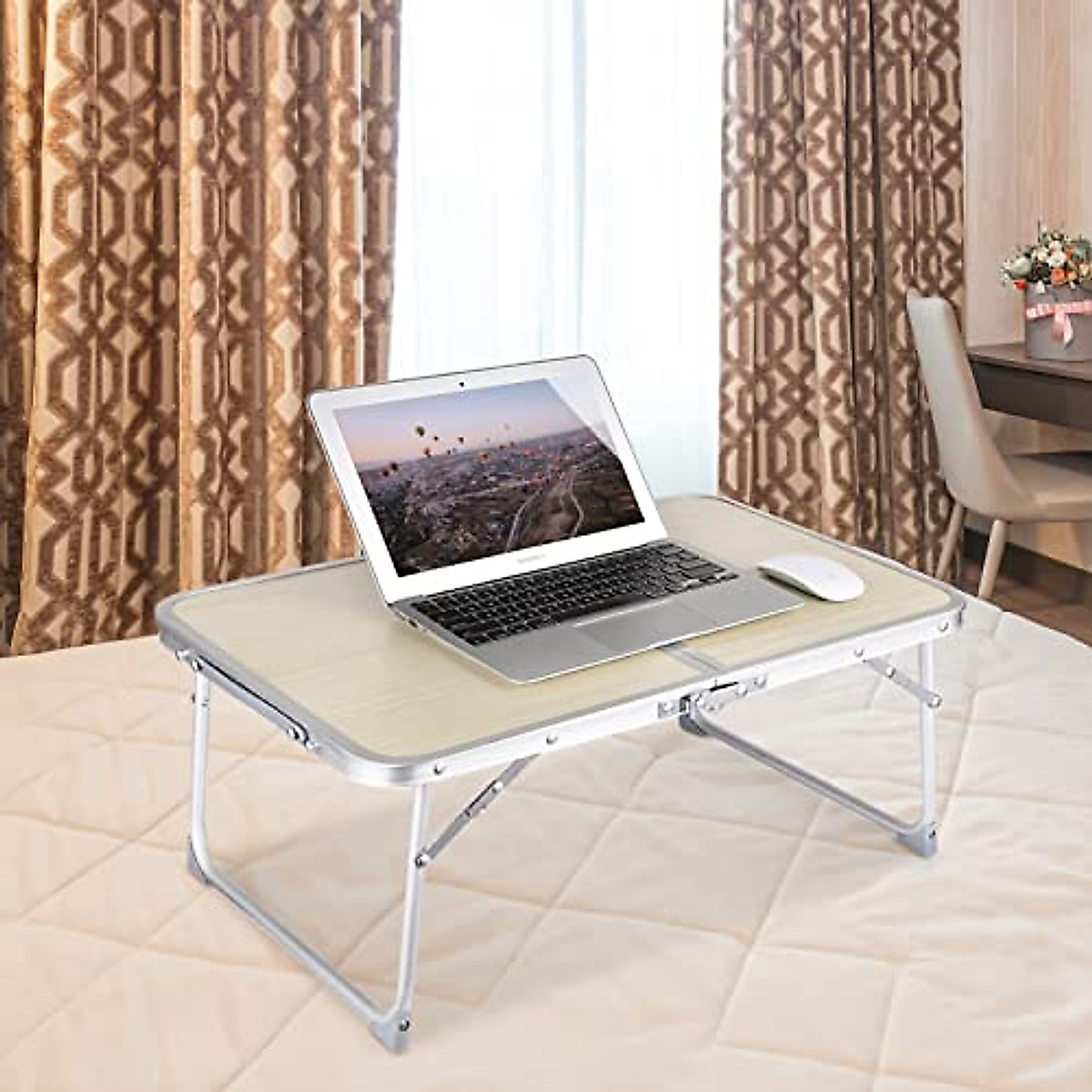 Foldable Laptop and Bed Table with Storage, Portable Mini Lap Desk for Legs, Ideal for Study, Reading, Picnic, Breakfast,and More (Wooden)
