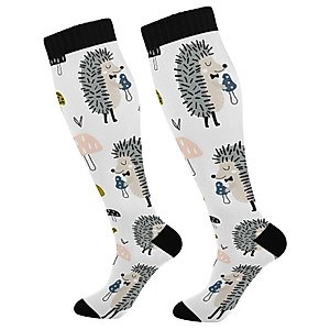 xigua Cute Hedgehog and Mushroom Compression Socks 20-30mmHg Knee High Stockings for Sport Nursing - 1 Pair