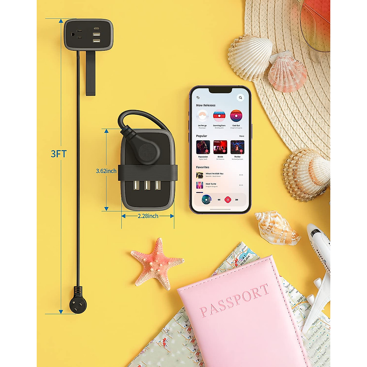 NTONPOWER Travel Power Strip with USB Ports, Portable Small Power Strip with 3FT Wrapped Flat Plug Extension Cord, 2 Outlets 3 USB Ports, Non Surge Protector for Cruise Ship Hotel Black