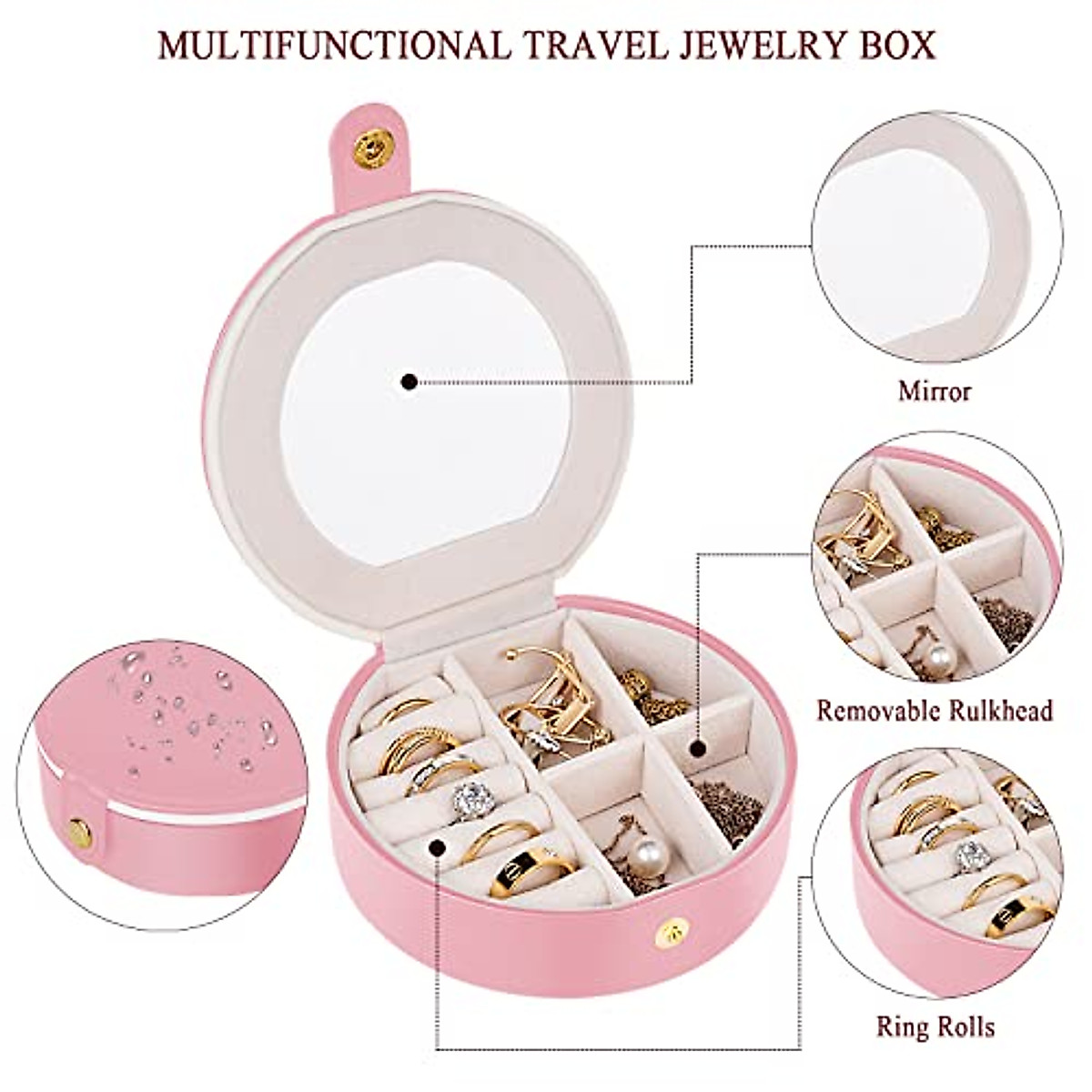 Kioten - 2 Pack Jewelry Box, Travel Jewelry Box Built-Mirror, With 1psc Random Color Perfume Atomizer, Girls And Women Jewelry Box, Adjustable Compartment, Pink