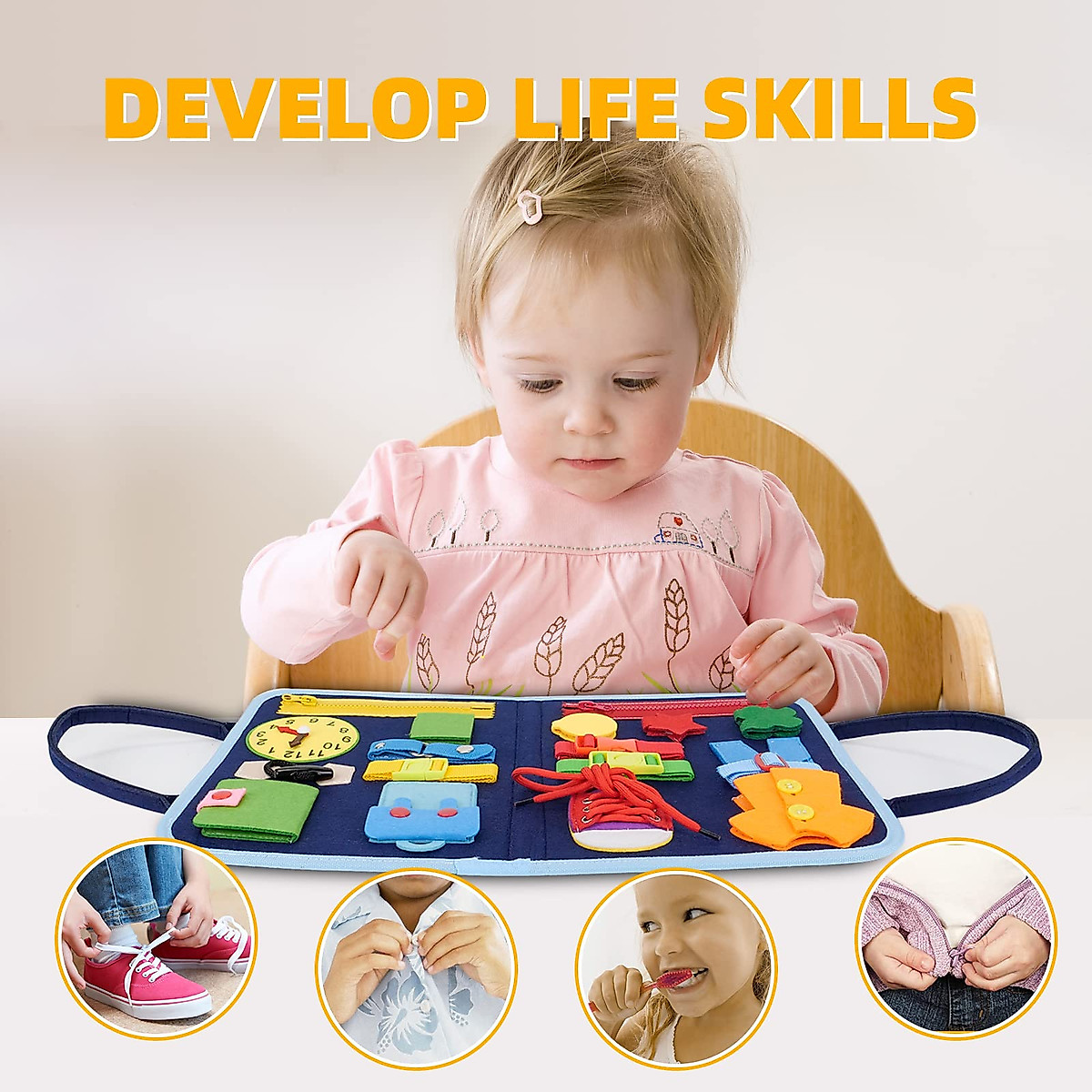 QQAPPU Montessori Busy Board,Preschool Learning Toy Fine Motor Skills,Toddler Activity Board Sensory Toy for Plane and Car Travel