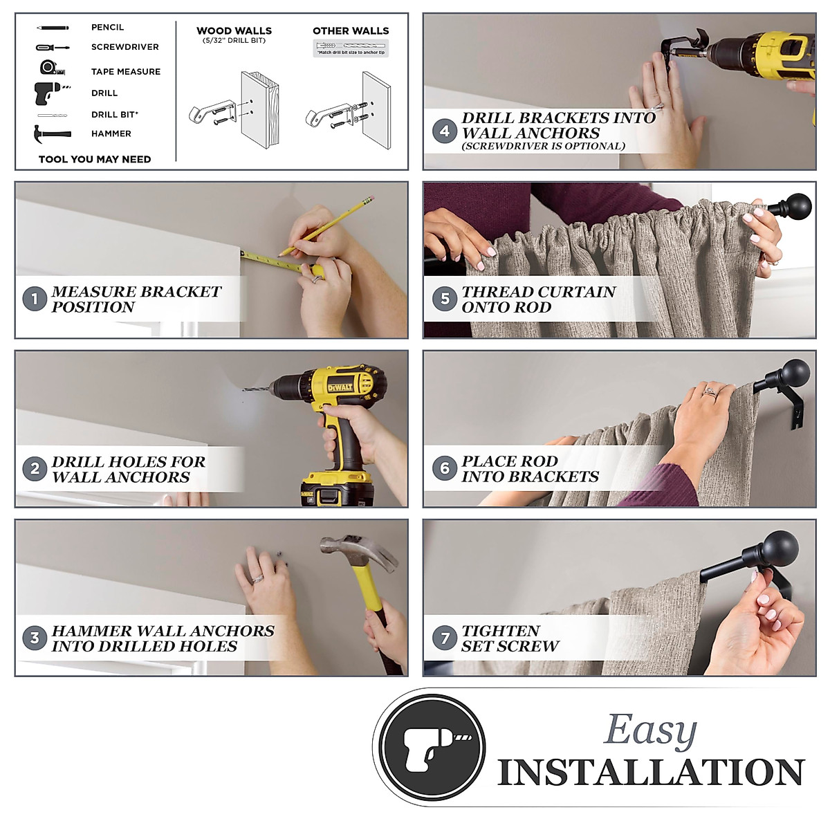 Kenney Chelsea 5/8" Standard Decorative Window Curtain Rod, 48-86", Black