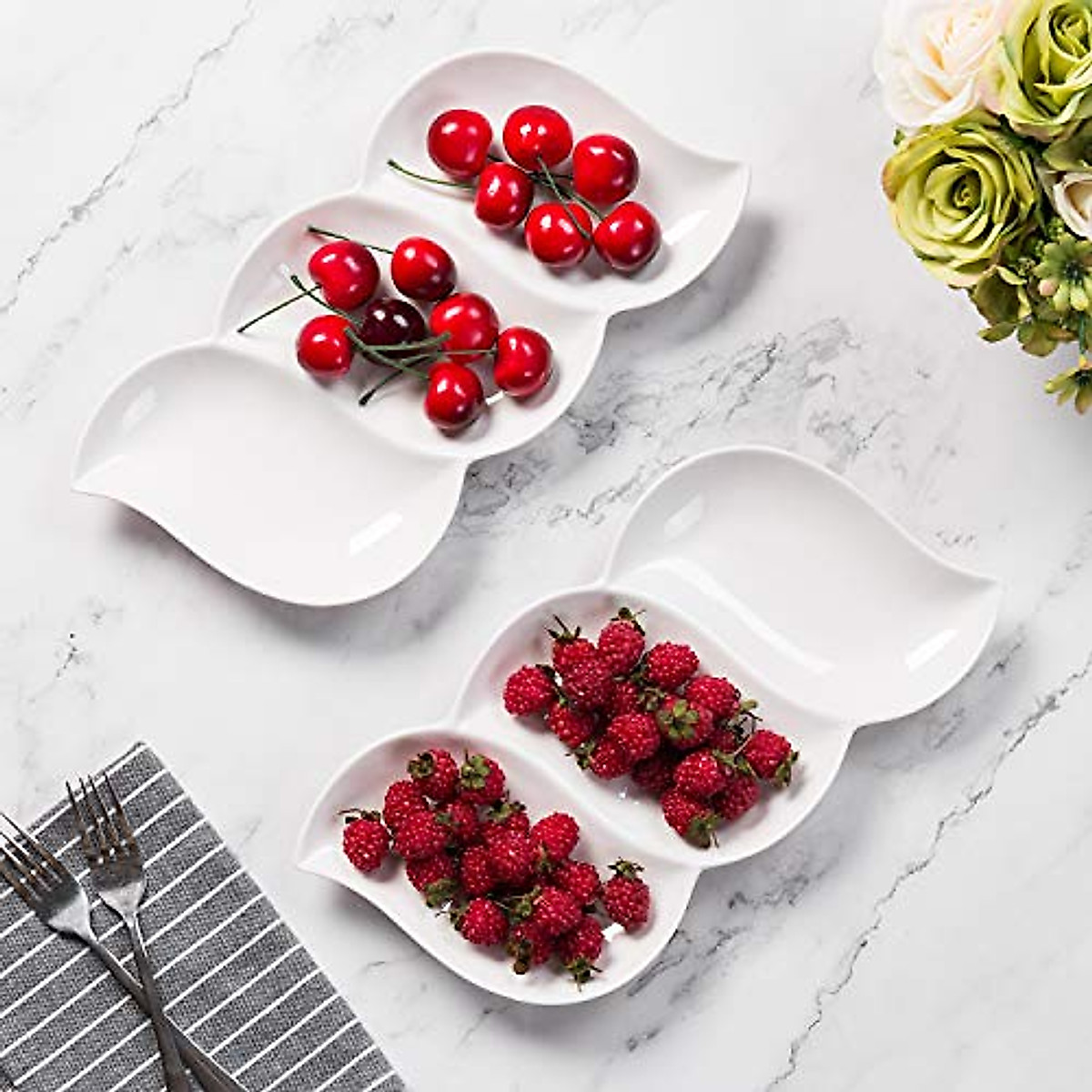 MyGift Set of 2 White Ceramic Relish Tray Appetizer Serving Platter with Wave Design, Divided Snack Tray, Charcuterie, Food, Dessert Platters, 13.5 x 6.5 Inch