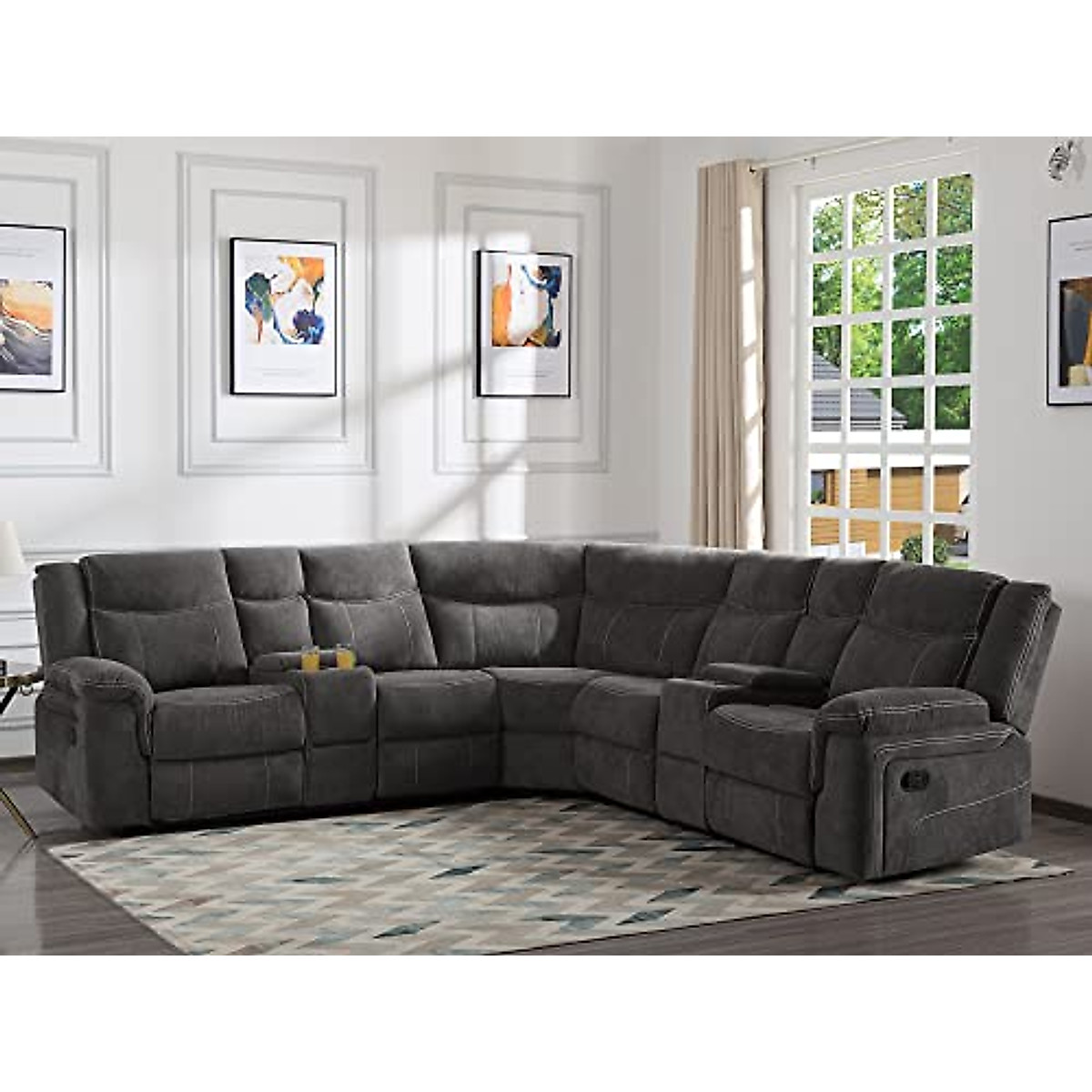 FREESNOOZE Manual Reclining Sectional Sofa Recliner Sofa with Cup Holder and Storage Console for Living Room Furniture(Fabric Grey)