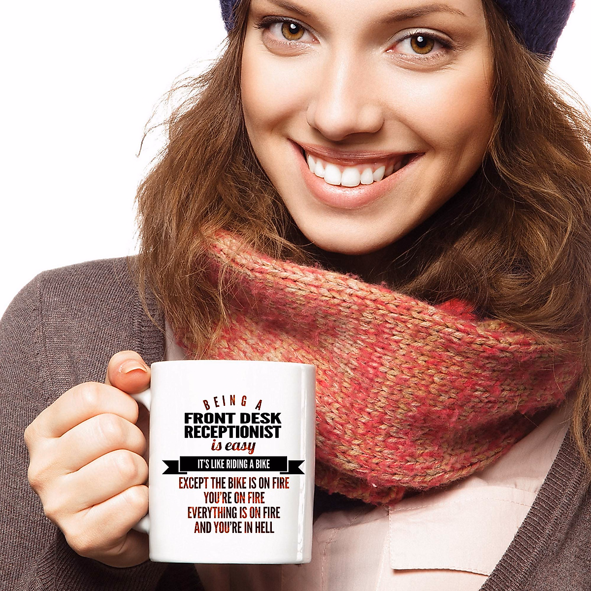 Front Desk Receptionist Coffee Mug 11 oz white. Being A Front Desk Receptionist Is Easy Like Riding A Bike Except The Bike Is On Fire You're On Fire And In Hell Funny Gifts for Women Men