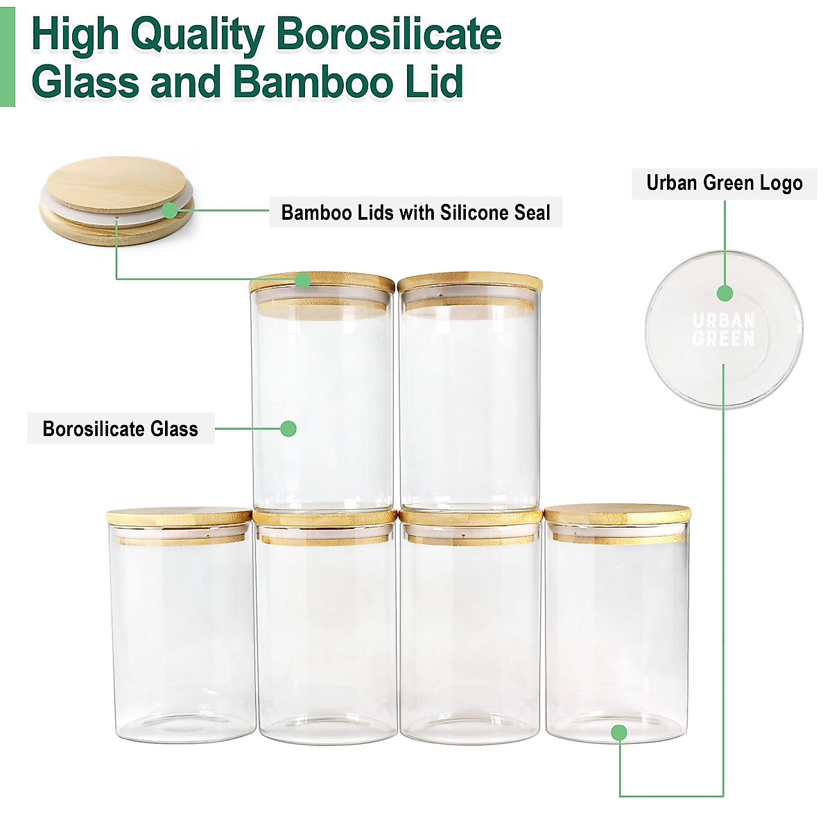 Urban Green Glass Jars with Bamboo Lids, Glass Airtight Canisters sets, Glass Food Storage Container, Pantry Organization and Storage Jars, Kitchen Canisters Sets, Spice Jars, Flour Containers of 6