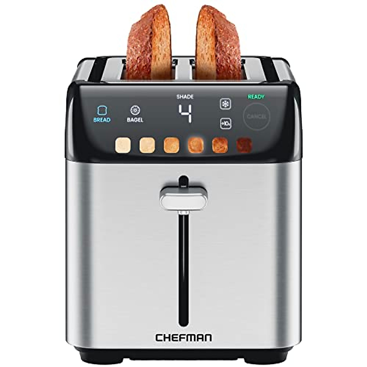Chefman Smart Touch 2 Slice Digital Toaster, 6 Shade Settings, Stainless Steel Toaster 2 Slice with Extra-Wide Slots, Thick Bread Toaster and Bagel Toaster, +10, Defrost, Removable Crumb Tray