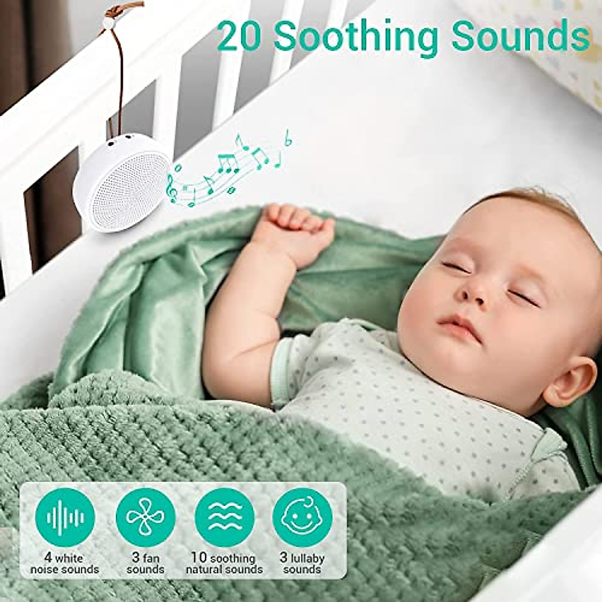 Fitniv Portable White Noise Machine, 20 Soothing Soundtracks Sound Machine for Baby & 5 Timer Functions, Built-in Battery Support 70 Hours Playtime, Compact Design for On-The-Go Use & Travel, White