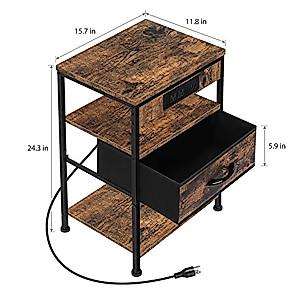 NOVIMANGO Nightstand with Charging Station Bedside Tables with Drawer Bedroom End Table Small Side Tables with USB & AC Ports Industrial End Table with Storage for Living Room Dorm Farmhouse Brown