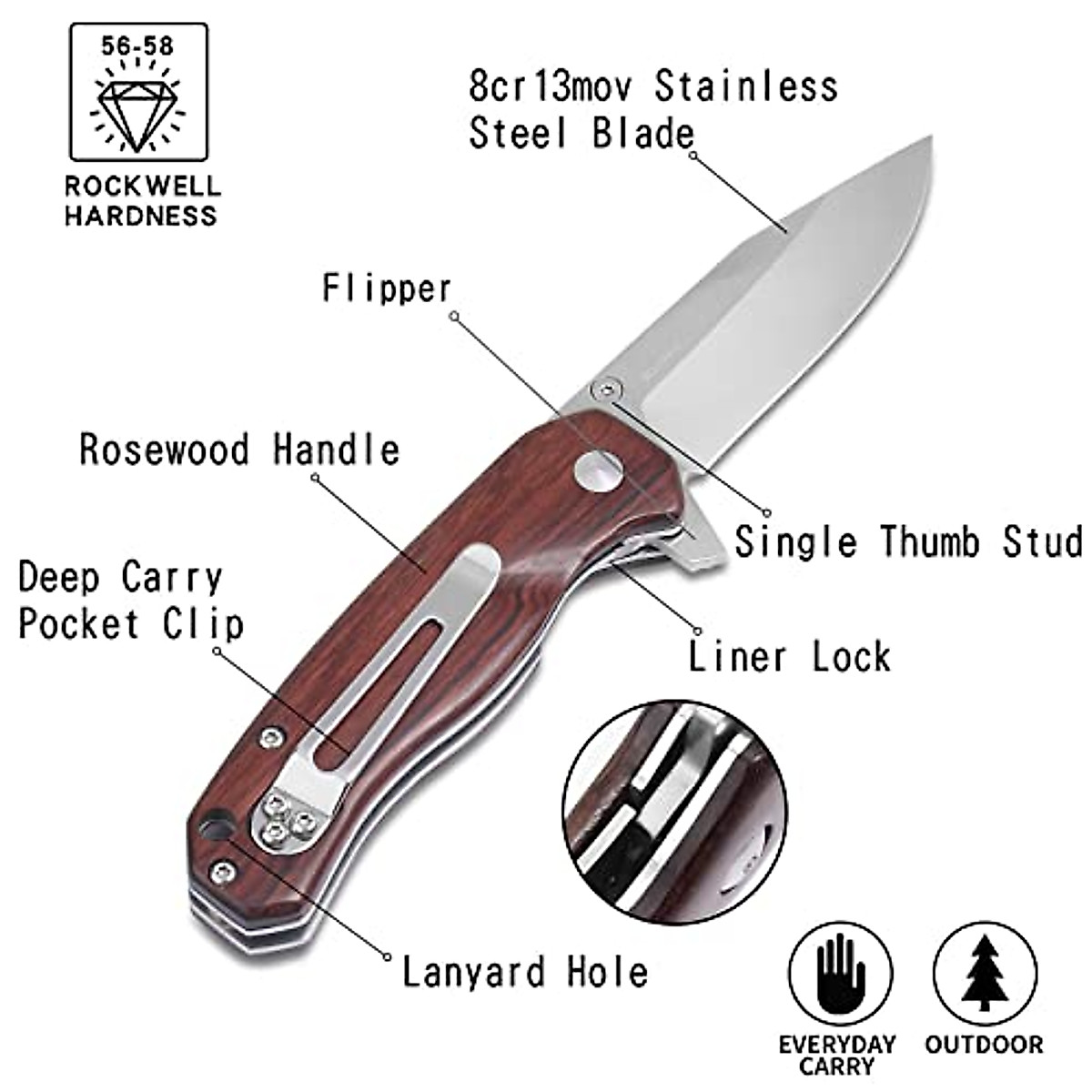 Pocket Knife Folding Knife, Rosewood Handle, Belt Clip, Liner Lock, Hunting Knife, Camping Knife, Gifts for Men