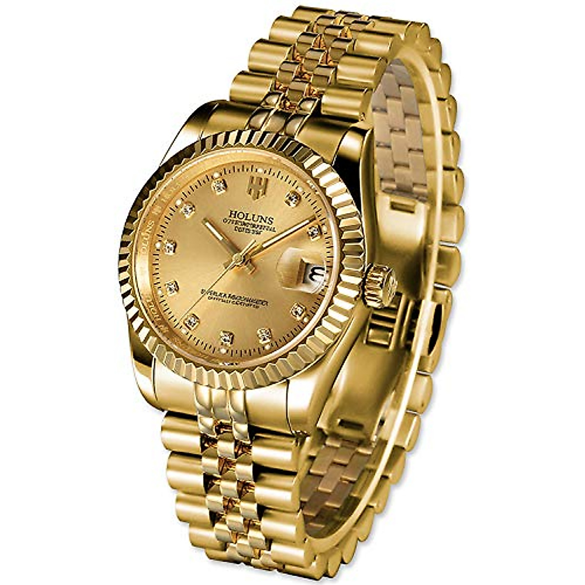 HOLUNS Mens Full Gold Watch Automatic Mechanical Gilded Steel Self-Wind Sapphire Glass Dress Waterproof Watch (Gold)
