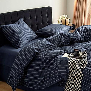 Wake In Cloud - Striped Cotton Duvet Cover Set, Ticking Stripe Vertical Pinstripe Farmhouse, 100% Washed Cotton Textured Percale Bedding Set, 3 Pieces, Navy Blue, King Size