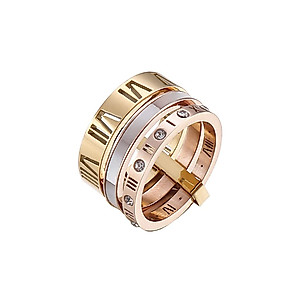 PAMTIER Women's Stainless Steel with Zirconia Roman Numerals 3 in 1 Ring White Abalone Shell Inlay Rotatable Wedding Band Rose + Gold Size 7.5