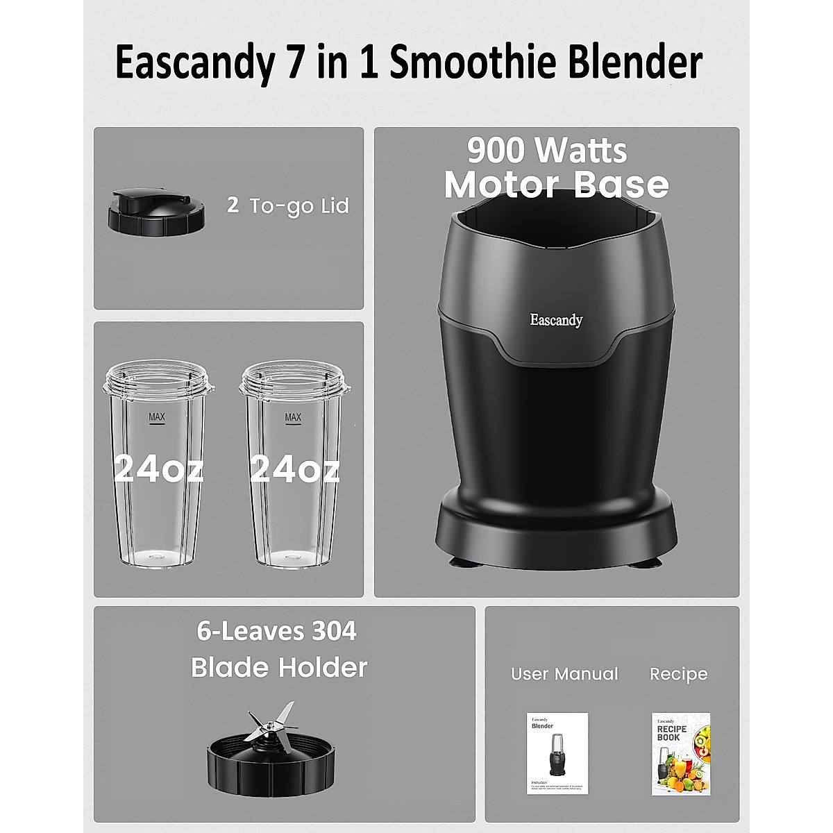 Real 900 Watts Smoothie Blender for Shakes and Smoothies, 7 in 1 Set Personal Blender, Germany 3D Stainless Steel 6-Leaves Blades Smoothie Maker with 2 Pieces 24 OZ Tritan Sport Cups