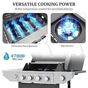 Unovivy 4-Burner Propane Gas BBQ Grill with Side Burner & Porcelain-Enameled Cast Iron Grates Built-in Thermometer, 47,000 BTU Outdoor Cooking, Patio, Garden Barbecue Grill, Black and Silver