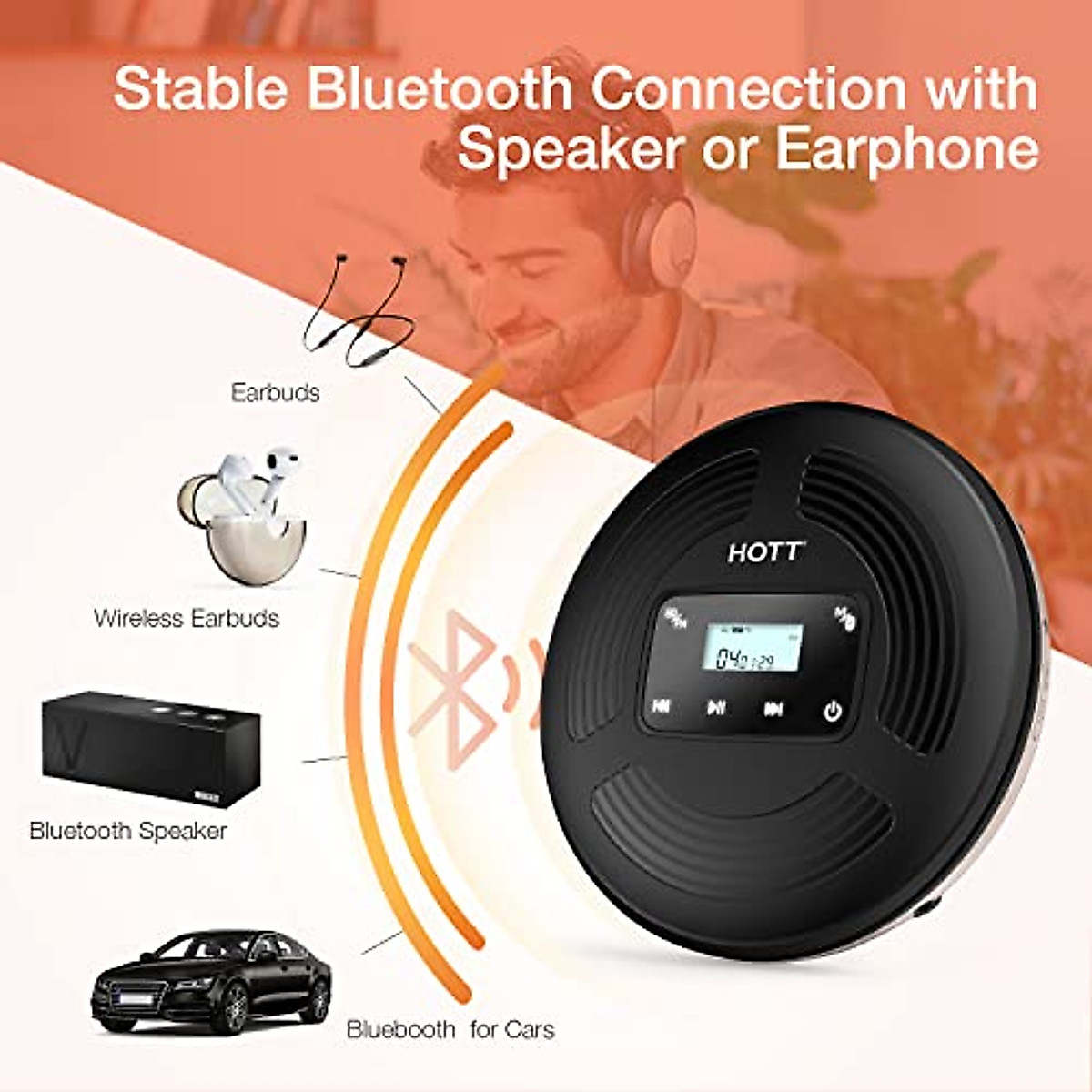 HOTT CD903TF Portable CD Player for Car with Bluetooth FM Transmitter，Rechargeable Touch Button Backlight Display Black