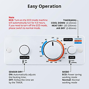 SXYCMY Portable Clothes Dryer, Laundry Dryer Machine 2.65 cu. ft. Compact Dryers, 1400W Front Load Tumble Stainless Steel Electric Dryers Machine with Stainless Steel Tub & Easy Control Knob, 110V