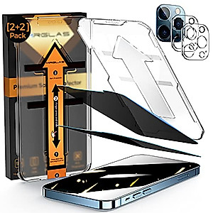 MRGLAS [2+2] Pack Privacy Screen Protector Compatible iPhone 12 Pro Max 6.7 with Camera Lens Protector 9H Tempered Glass [Auto Alignment Kit][10X Military Shockproof] Diamonds HD Glass Film[Anti-Spy]