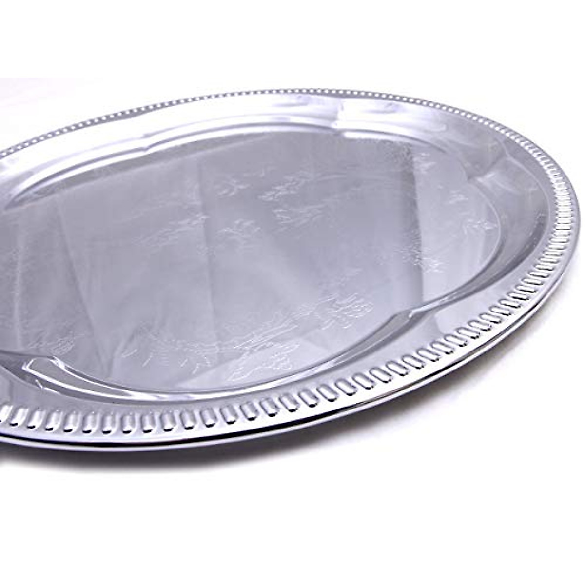Maro Megastore (Pack of 4) 11.8-Inch Elegant Round Floral Pattern Engraved Catering Chrome Plated Serving Plate Mirror Tray Platter Tableware Decor Holiday Wedding Birthday Party (Small) T226s-4pk