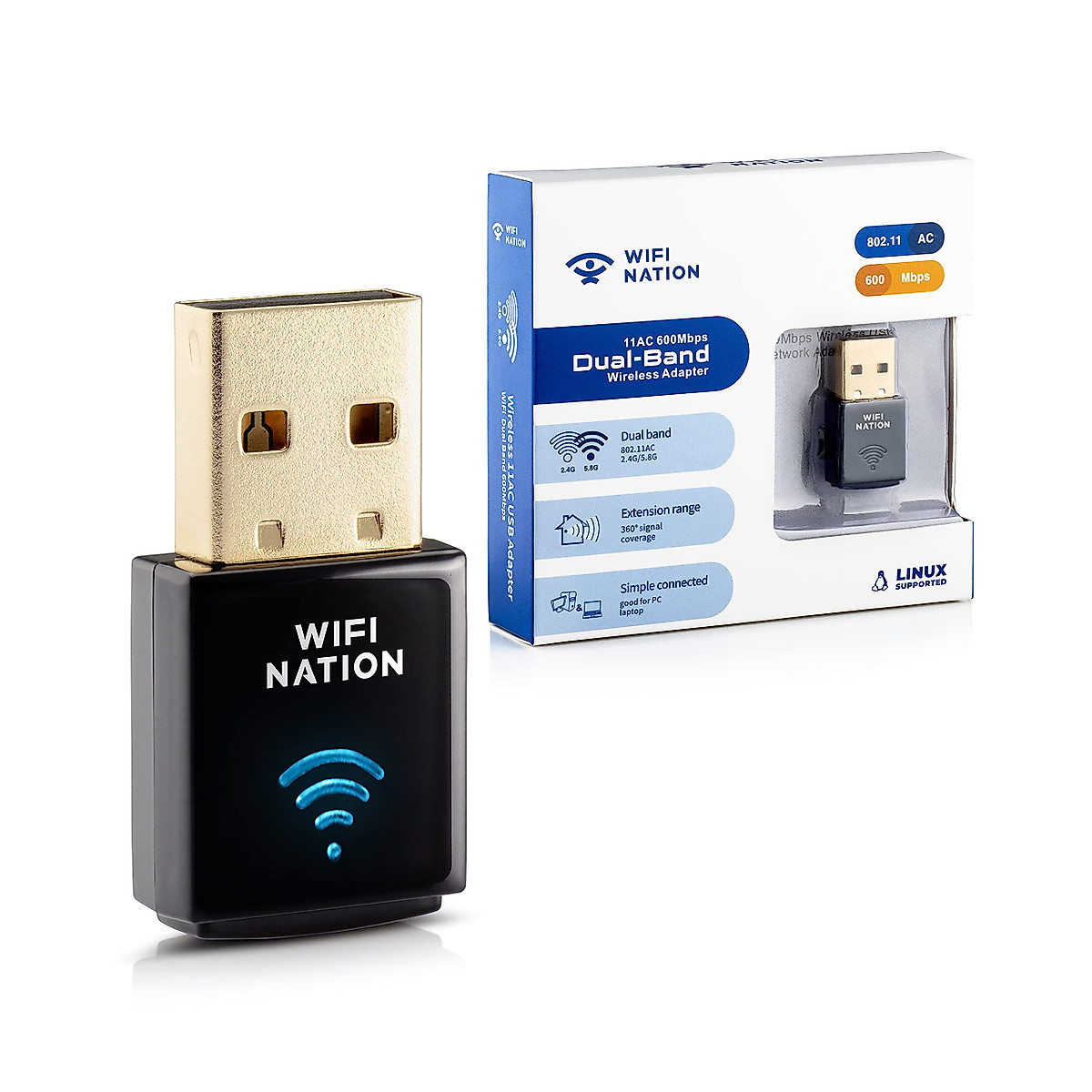 WiFi Nation® WiFi Dongle Mini 802.11ac AC600 USB WiFi Adapter, chipset: Realtek RTL8811AU, Dual Band 2.4GHz or 5GHz, Windows, MacOS and Linux Supported, Product Model: WN-H2