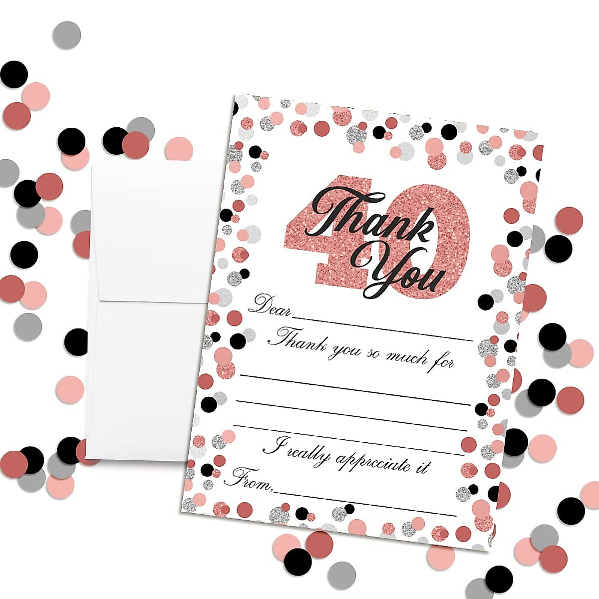 Amanda Creation Confetti Rose Gold Polka Dot 40th Birthday Themed Thank You Notes, Ten 4" x 5.5" Fill In the Blank Cards with 10 White Envelopes