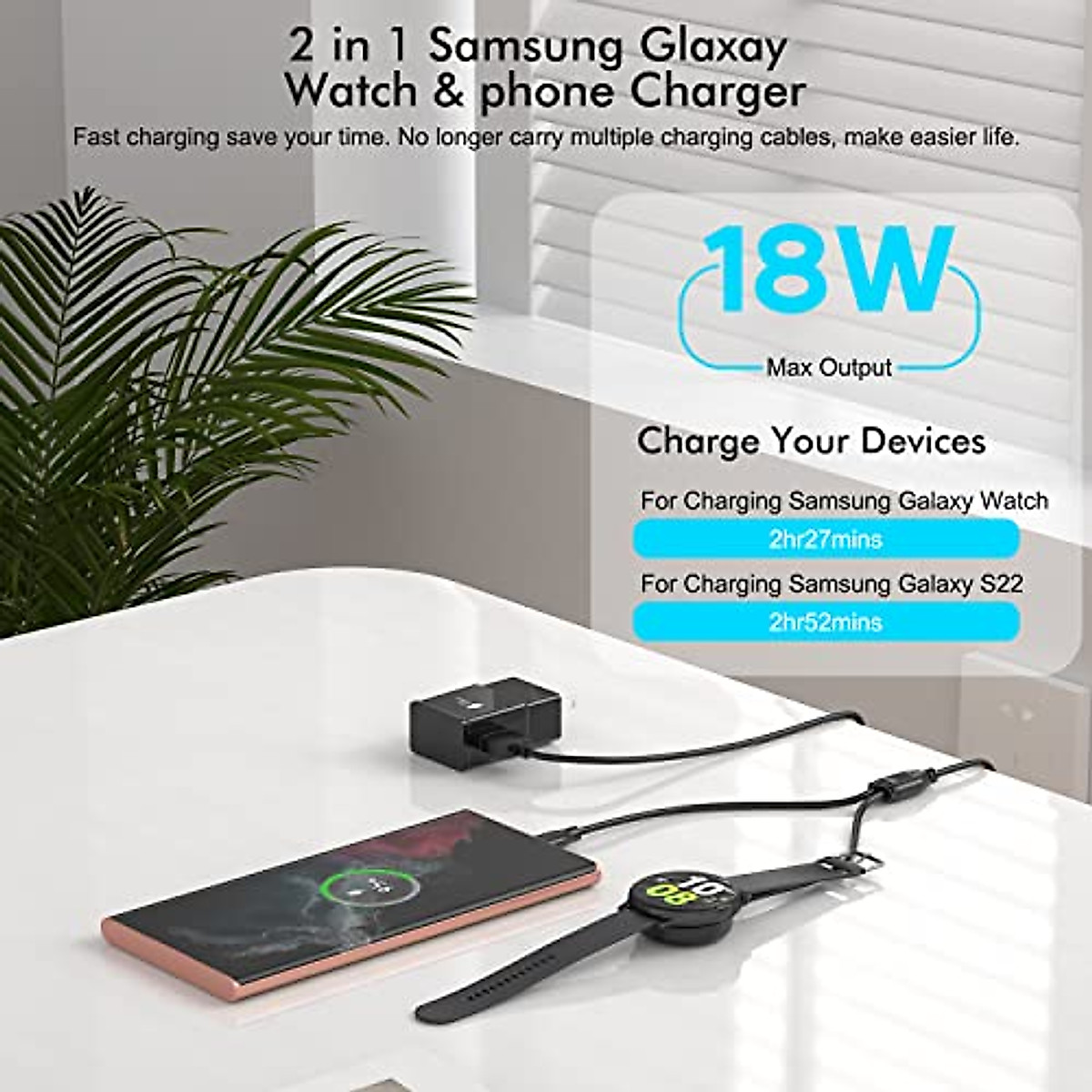 2 in 1 Samsung Watch Charger 6.6FT/2M Galaxy Watch Charger Cable With 18W USB A Fast Charger Power Adapter Plug for Samsung Galaxy Watch 5/4/3/Active 2/1,Galaxy S22/S21/S20/S10/Note 20/10/9/8,Buds,Tab