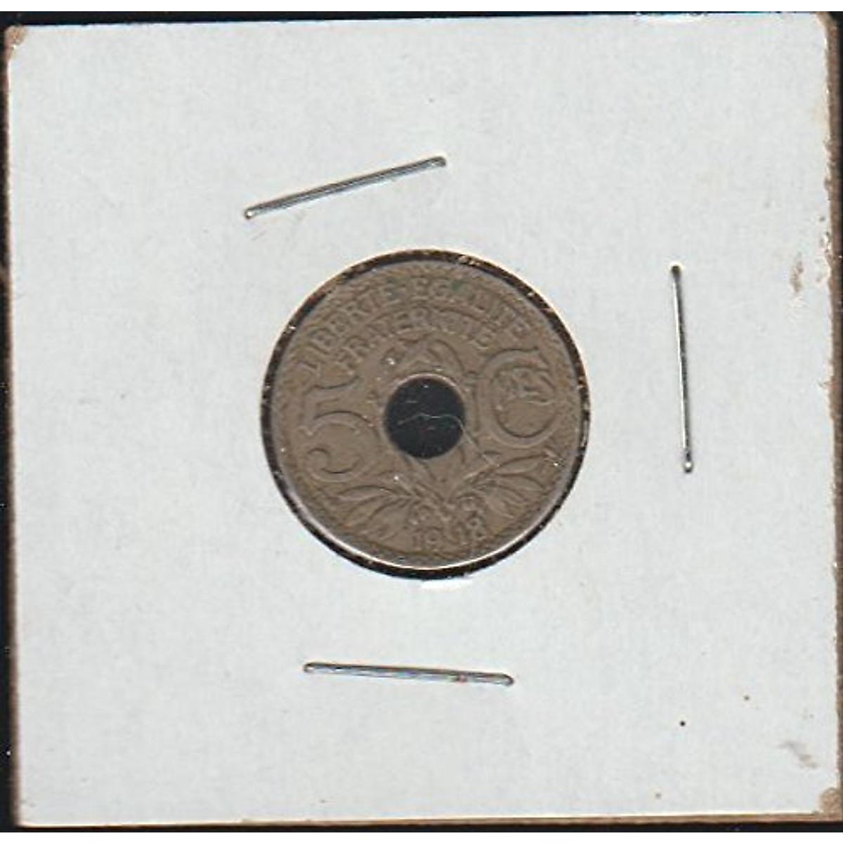 1918 FR Monogram within Wreath divided by Center Hole, Liberty Cap Above 5 Centimes Choice About Uncirculated Details