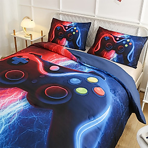 Meeting Story Gamer Gaming Bedding Sets Tie Dye Lightnings Gamepad Comforter Set for Boys Games Console Action Buttons Novelty Colorful Modern Room Decor Home Quilt Set (Twin, Red-Blue)