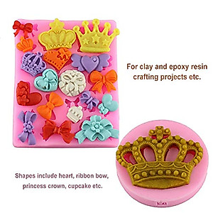 SIMUR 4 Pack Crown Fondant Candy Silicone Molds Bows Crown Heart Mold for Sugarcraft, Cake Decoration, Cupcake Topper, Chocolate, Pastry, Cookie Decor, Jewelry, Clay, Epoxy Resin, Crafting Projects