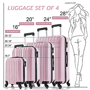 Fridtrip 4 Piece Luggage Sets Hard Shell Lightweight ABS Luggage Suitcase with Durable Spinner Wheels 16" 20" 24" 28" (Pink)