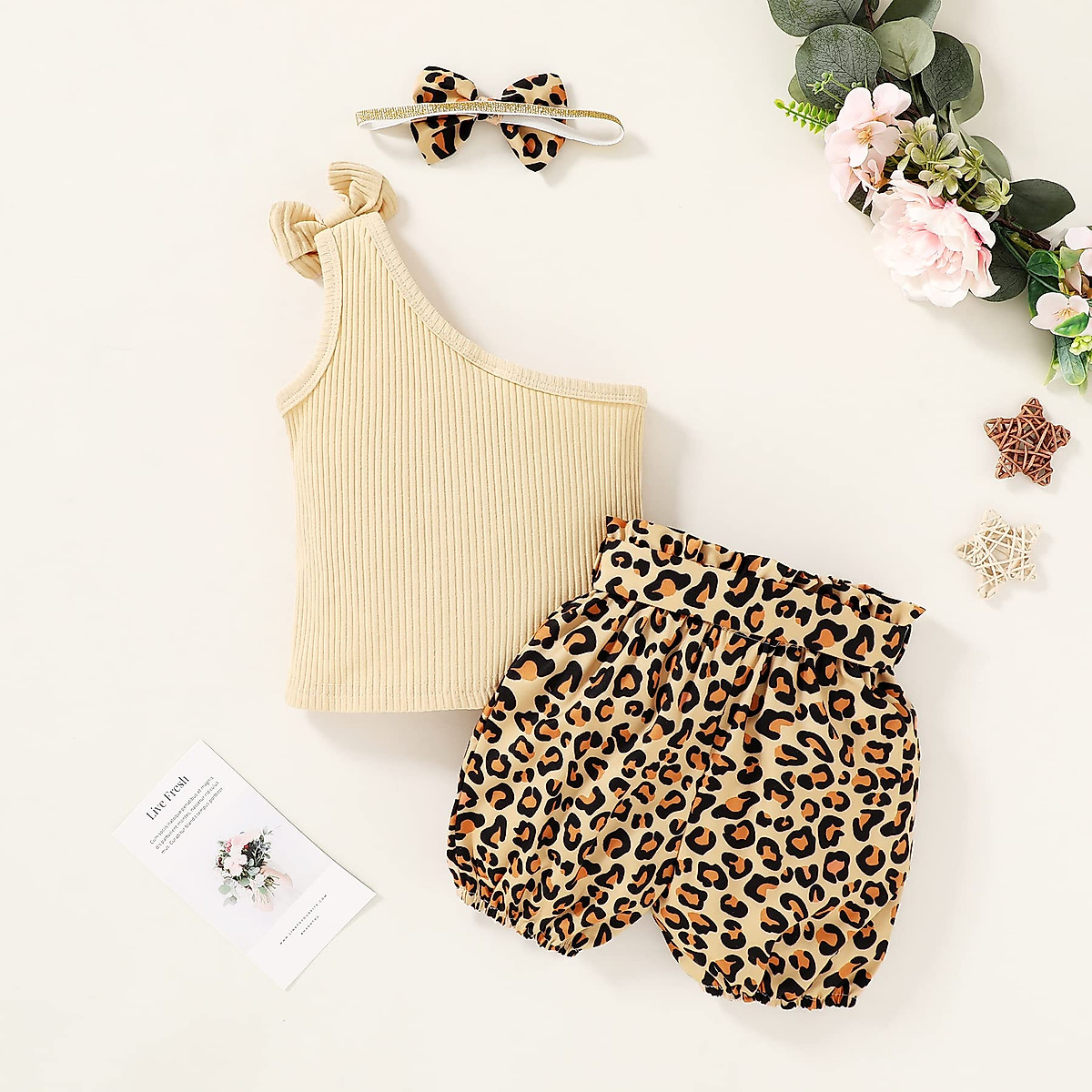 Little MISS Sassy Toddler Baby Girl Summer Clothes Bowknot Off Shoulder Sleeveless Tops + Leopard Shorts Sets with Headband (White, 18-24 Months)